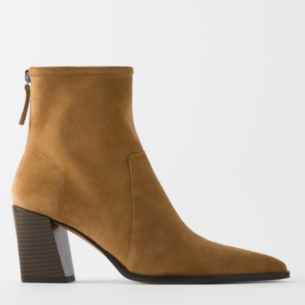 Zara Real Suede Leather Tan Pointy Ankle Boots Women’… - Gem